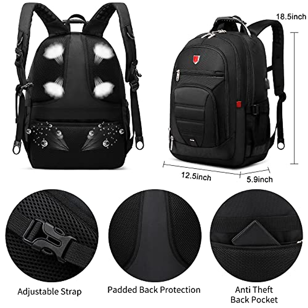 aocrin YH&GS Laptop Backpack, Business Travel Laptops Backpackfor for Men Women, Work Laptop Backpack Fits 15.6 Inch with USB Charging Port, Black