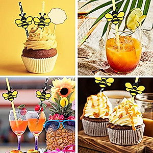 Whaline 100Pcs Summer Paper Straws Glitter Bee Disposable Paper Straws Yellow Black Dot Stripe Bee Decorative Straws Baby Shower Drinking Straw for Bee Day Party Supplies Juices Shakes Cocktail Decor