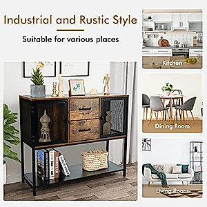 PETSITE Sideboard Buffet with Storage Cabinet, Industrial Coffee Bar Console Table Credenza with Mesh Doors, Drawers & Shelf for Kitchen Entryway, Rustic Brown