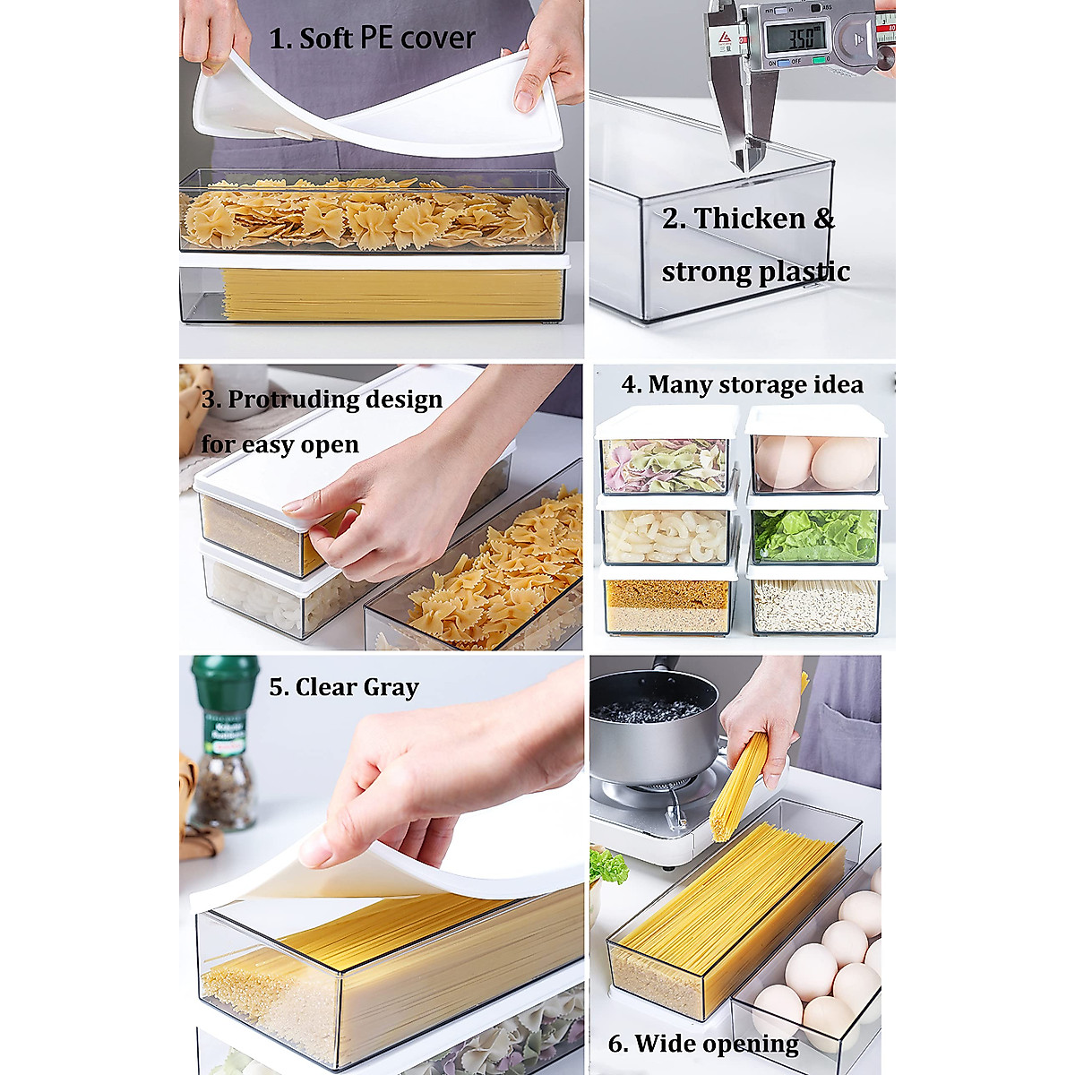 Hanobe Pasta Containers for Pantry Large Spaghetti & Noodle & Lasagna Canister 3 Pcs Clear Grey Rectangular Canister with Lock Lids Durable Plastic Food Keeper for Kitchen Cabinet