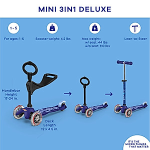 Micro Kickboard - Mini 3in1 Deluxe - Three Wheeled, Lean-to-Steer Swiss-Designed Micro Scooter for Toddlers with 3 Riding Options for Ages 1-5 (Blue)