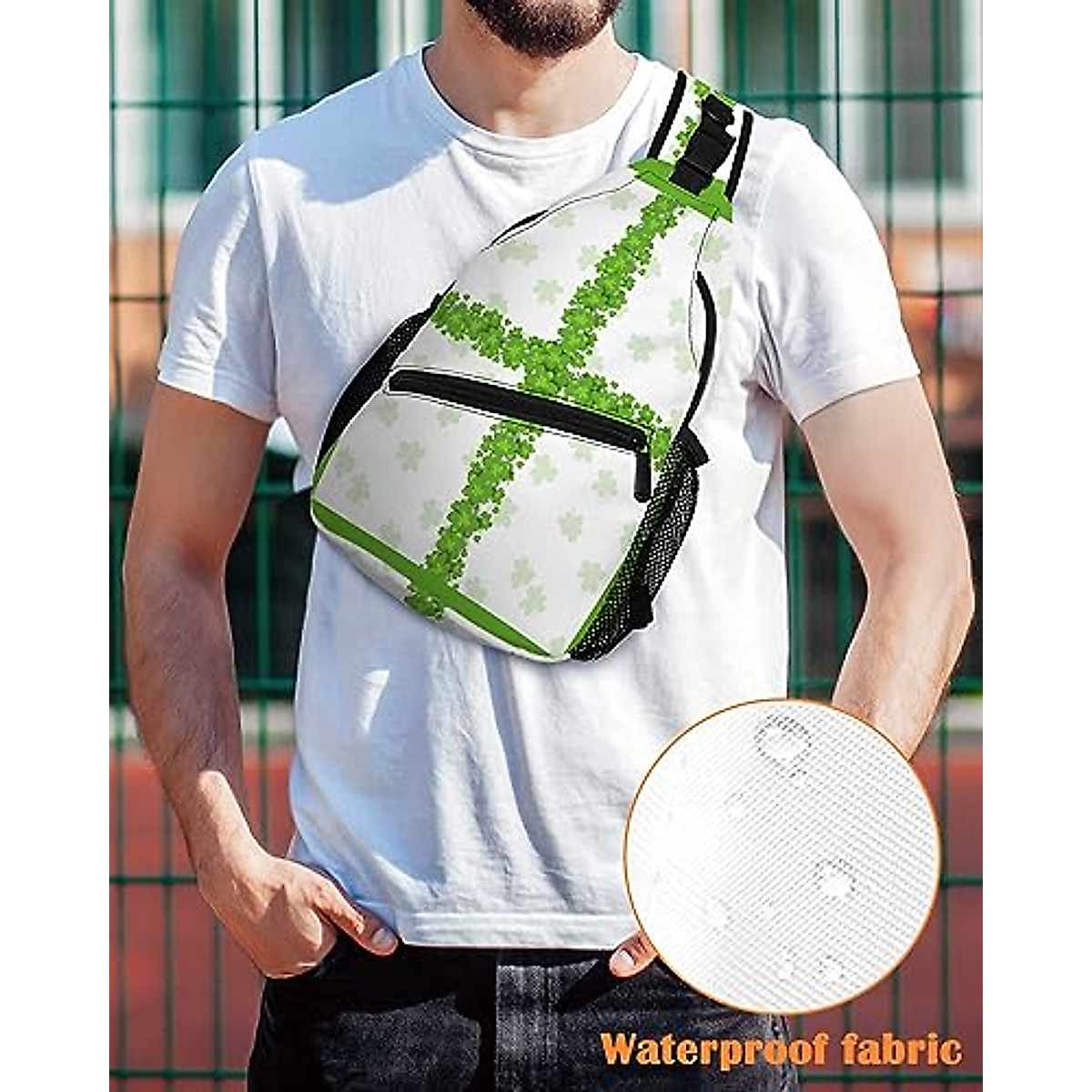 Gsypo Sling Backpack, St patrick's Day Four-leaf Clover Border Waterproof Lightweight Small Sling Bag, Travel Chest Bag Crossbody Shoulder Bag Hiking Daypack for Women Men