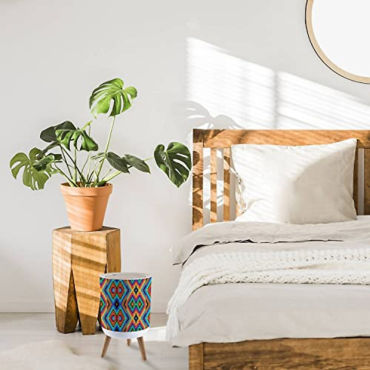 Trash Can with Lid Seamless Ethnic Tribal in Mexican and Peruvian Colors imitating Yarn Wood Small Garbage Bin Waste Bin for Kitchen Bathroom Bedroom Press Cover Wastebasket 7L/1.8 Gallon