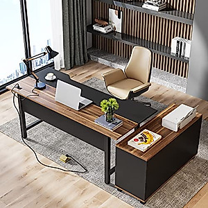 Tribesigns 70.9 x 30.9 Inch Extra Large Office Executive Desk with Power Outlet and File Cabinet, L-Shaped Computer Desk Home Office Workstation Business Furniture Set with Printer Stand