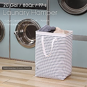 Hinwo 2-Pack 70L Extra Large Canvas Fabric Storage Bins with 77L Laundry Hamper, Navy Stripe