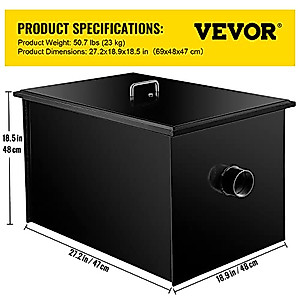 VEVOR Commercial Grease Interceptor 50 LB, Carbon Steel Grease Trap 25 GPM, Grease Interceptor Trap with Side Water Inlet, Under Sink Grease Trap for Restaurant Canteen Factory Home Kitchen