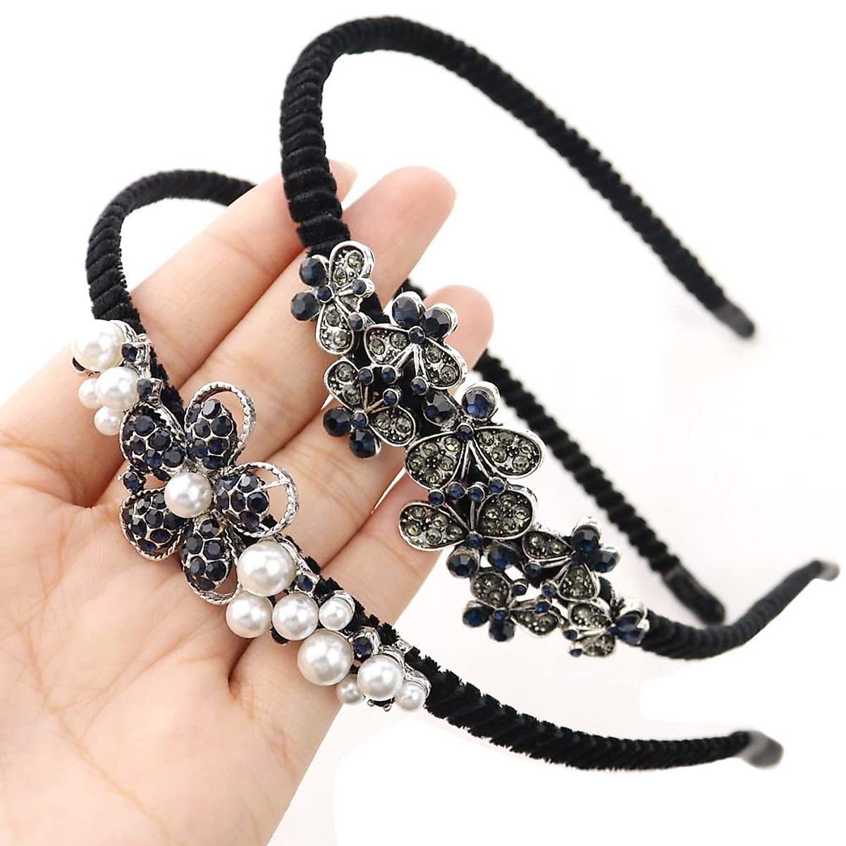 TCOTBE 2 Pack Rhinestone Hair Accessories: Crystal Headbands, Shiny Butterfly Flowers, Vintage Sparkly Beaded Hoops, Pearl Jewelry for Women