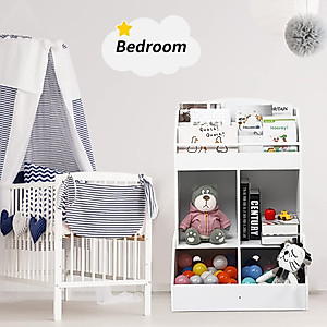 Kids Bookshelf and Toy Storage, Wood Book Shelf Organizer for Toddler, Playroom Storage, White