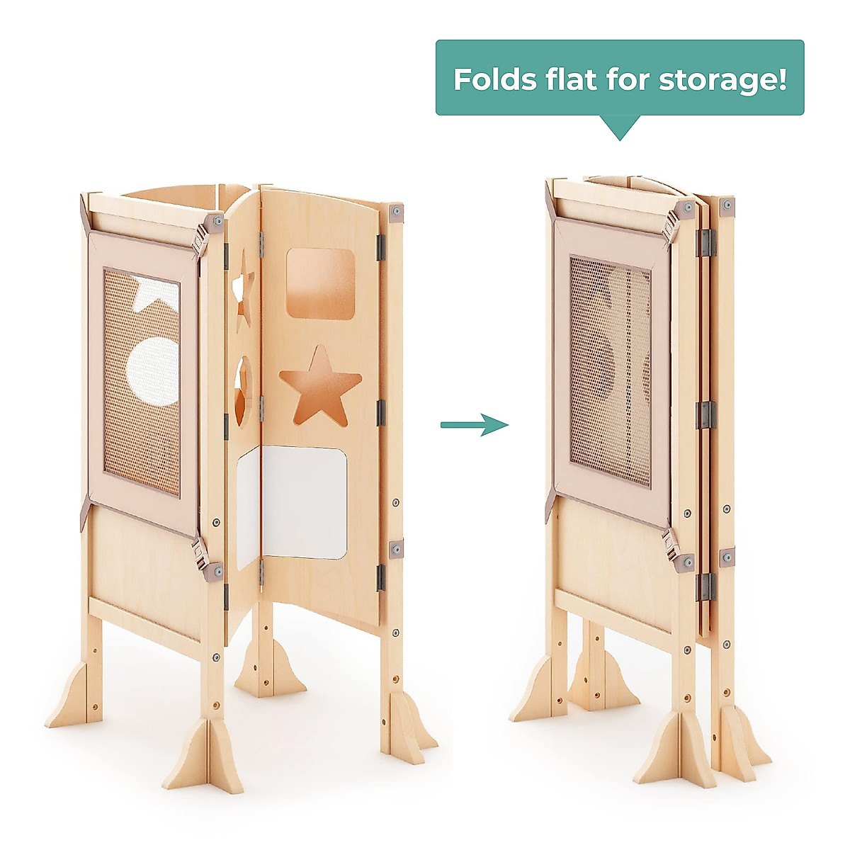 Guidecraft Classic Kitchen Helper® Toddler Tower and 2 Keepers - Natural: Folding Wooden Adjustable Height Platform, Kitchen Montessori Learning Step Stool, Chalkboard, Supports Up to 125lbs