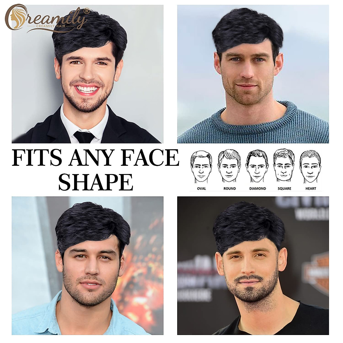 Creamily Mens Wig Short Hair, Mens Hair Replacement Wigs Realistic Mens's Black Wig for Men Synthetic Hair Full Wig for Male Guy Christmas Daily Wear