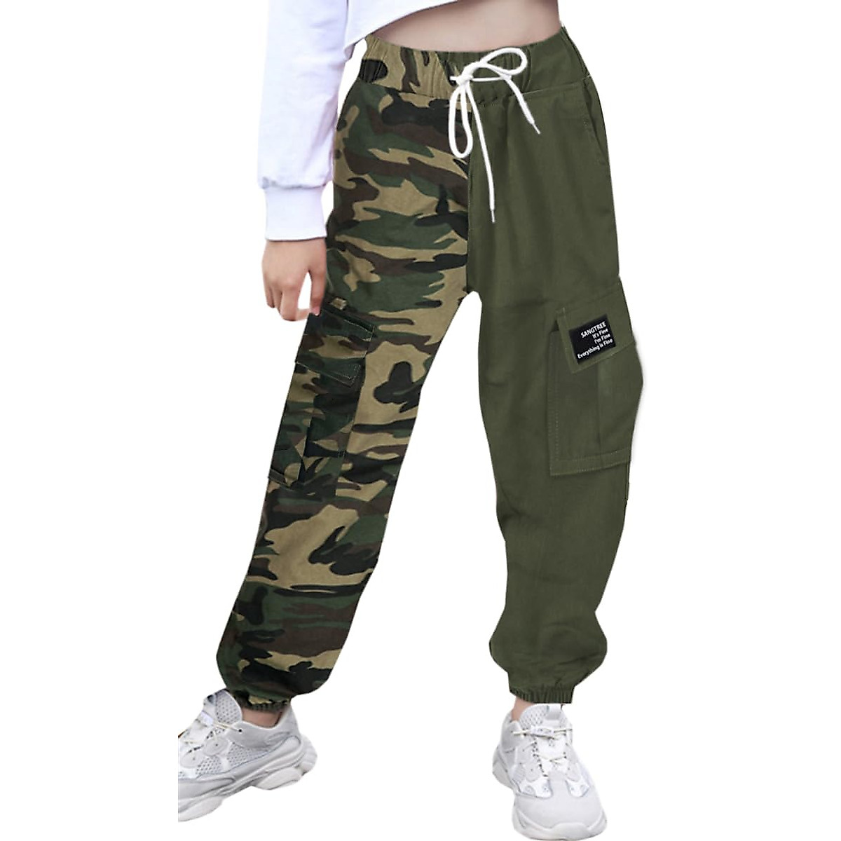 SANGTREE Women's Cargo Pants Elastic Waist Drawstring Tapered Jogger Pants with Pockets for Women,Camo,L