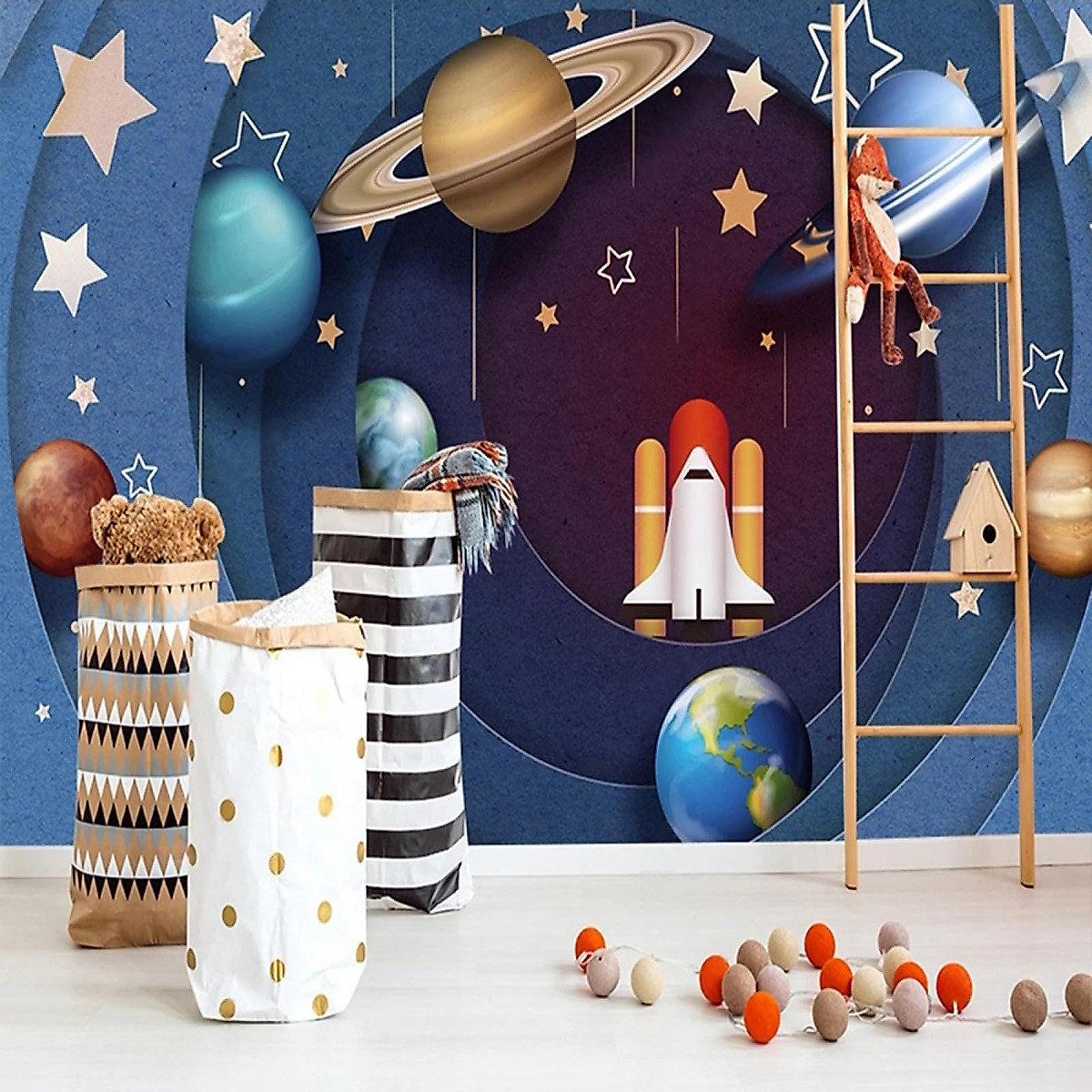 Space Planet Wall Mural Wallpaper, 3D Star Rocket Peel and Stick Self-Adhesive Wallpaper, Removable Large Photo Sticker TV Background Decor for Living Room Bedroom 144"W x 100"H