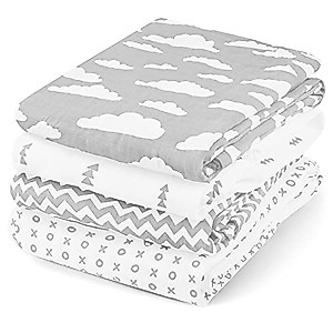 Muslin Swaddle Blankets – Soft Pure Cotton Muslin Blankets – 4 Pack of Breathable Swaddle Blankets – Unisex Baby Swaddle Blanket Set in Grey/White Designs – Multi Use Muslin Blankets – 47 x 47 inches