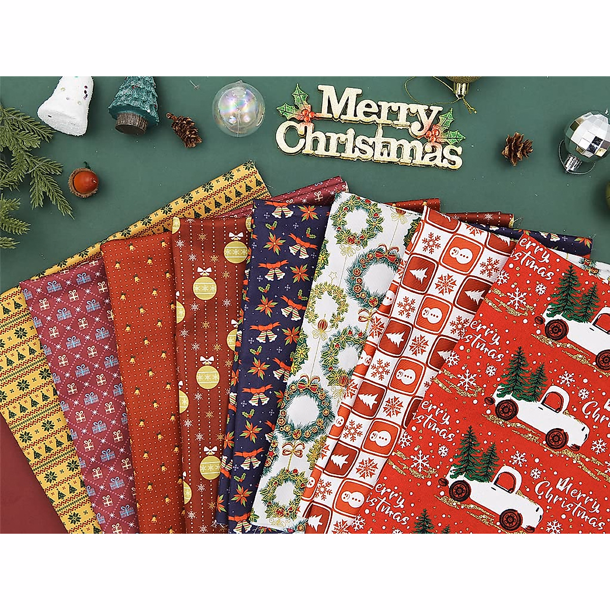 Christmas Fabric Squares Quilting Fabric Patchwork, 50 x 50 cm/ 19.68 x 19.68 Inches Bell Snowflake Snowman Precut Fabric for Sewing DIY Quilting Supplies Xmas Sewing Crafting Gift Wrapper Decor