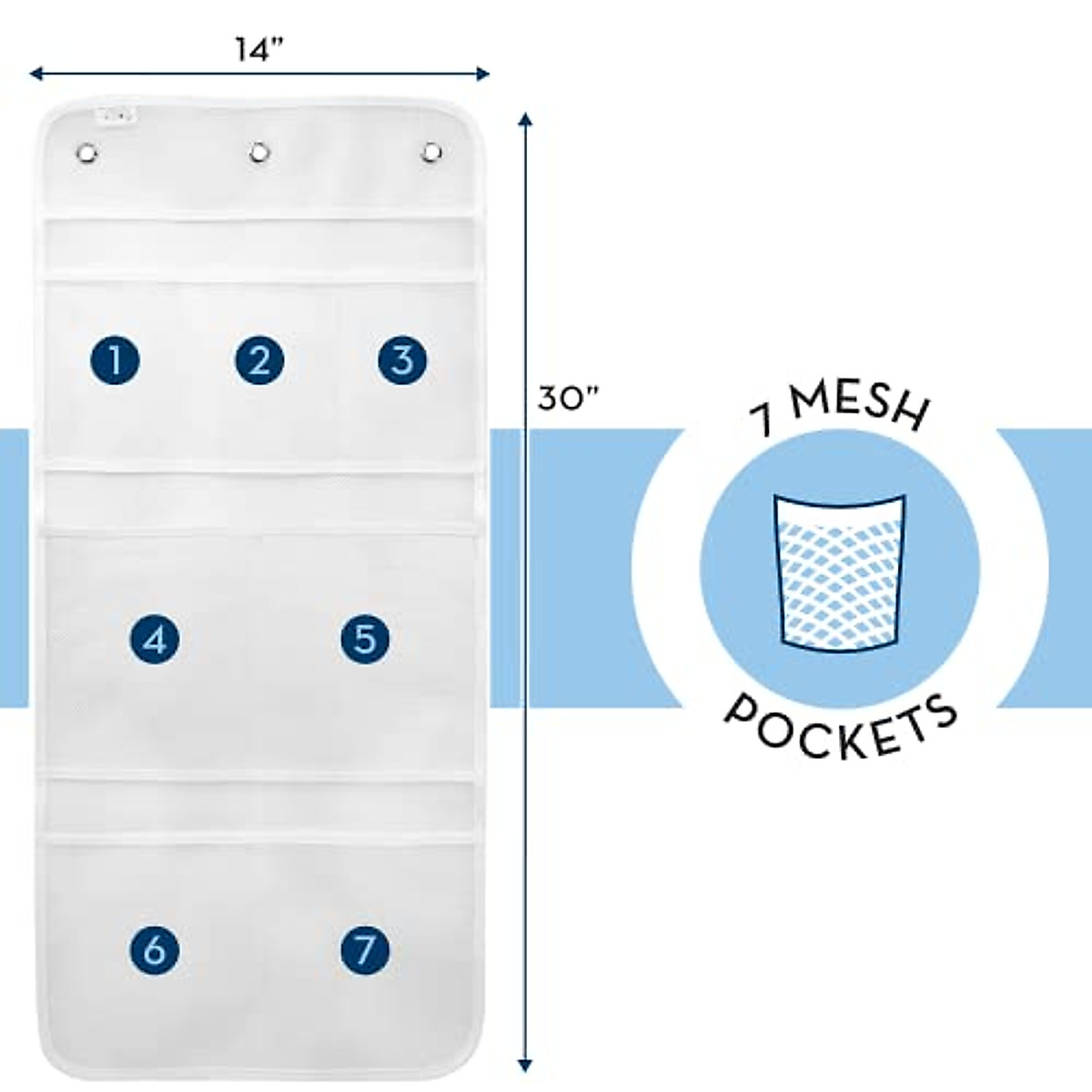S&T INC. Shower Organizer with Quick Drying Mesh, Bathroom Caddy Organizer with 7 Pockets to Hold Toiletries, Shampoos, Soaps, and Loofahs, 14 Inch by 30 Inch, White, 1 Pack