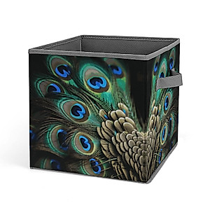 Peacock Feather Printing Storage Basket Folding Storage Bins Fabric Cube Organizer With Handle For Closet Utility Room