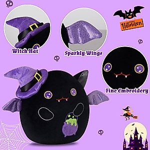 HappySpot Halloween Bat Plush,Black Bat Stuffed Animals with Purple Wizard Hat Witch Cauldron,Cute Halloween Bat Plush Toy,11.8'' Soft Halloween Bat Plushie Pillow Halloween Decoration Gifts for Kids