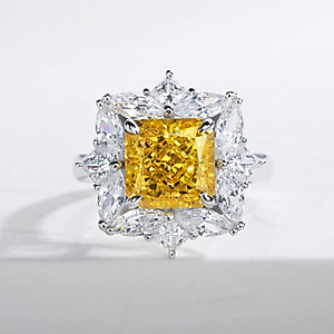 Gobaalele Radiant Cut Engagement Ring, 7.5ct 5A Cubic Zirconia Yellow Stone Citrine White Gold Plated S925 Sterling Silver CZ Promise Statement Anniversary Halo Ring Christmas gift for Women Size5.0