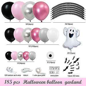 YJDFWAUT 185pcs Black Pink Halloween Balloon Garland Arch Kit, Pink Halloween Decorations Party Supplies for Girl, Large Size Halloween Balloon Garland, Foil Balloon, 3D Bat Stickers