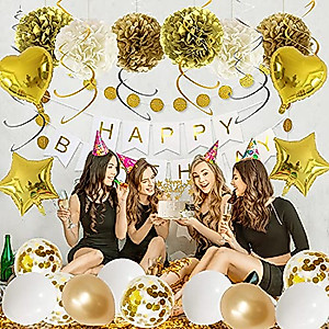 Gold White Birthday Party Decorations with Happy Birthday Banner,Heart Star foil balloons,DIY Cake Topper,Circle Dots Garland,Hanging Swirls,Tissue Paper Pompoms for Man Women