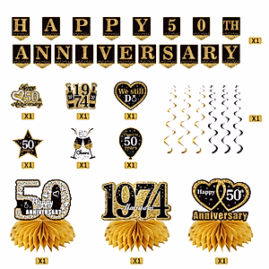 Bumqviy 50th Anniversary Decorations, 10pcs Happy 50th Wedding Anniversary Vintage 1974 Banner Centerpieces Kit, Cheers to 50 Years We Still Do Anniversary Ceiling Table Topper Sign Party Supplies