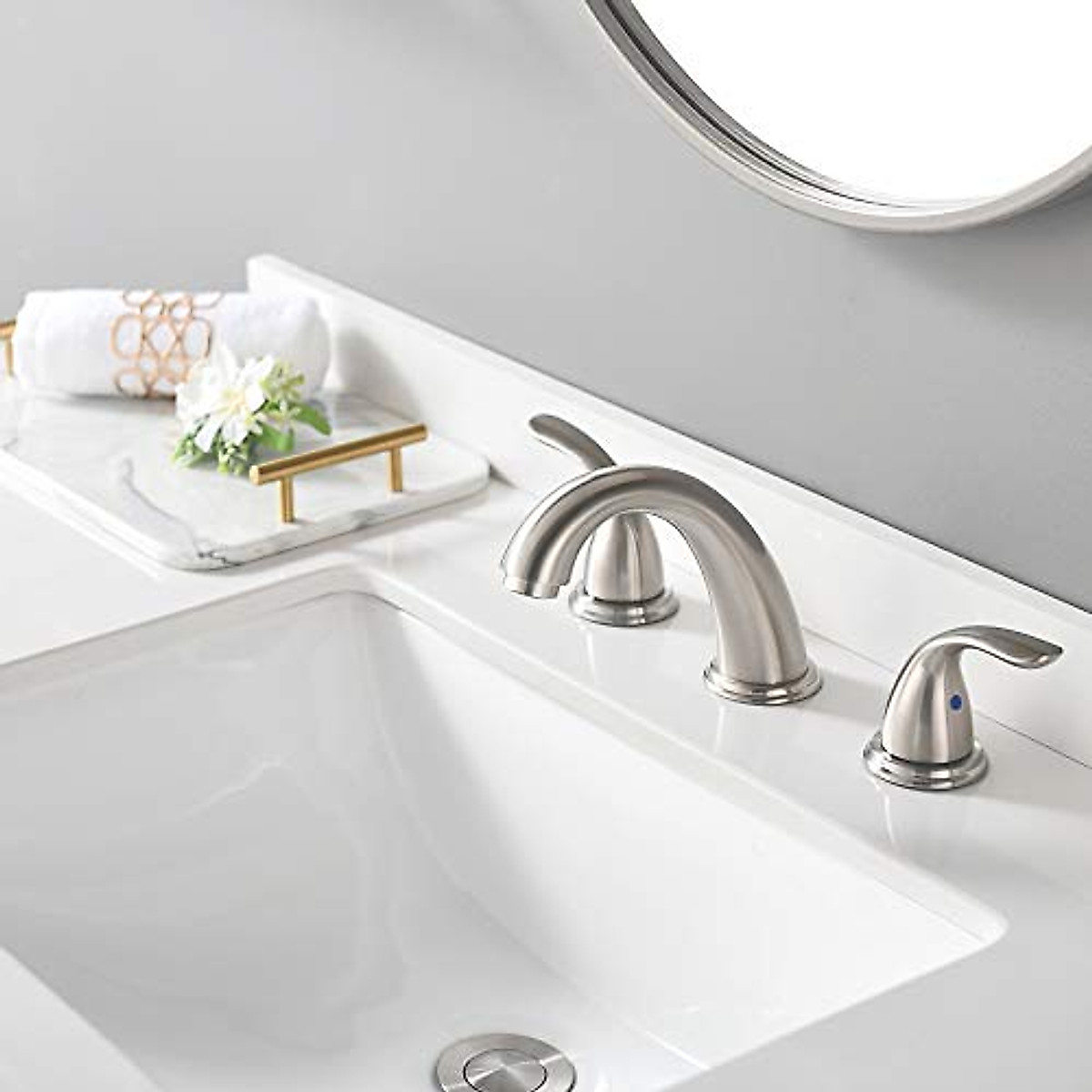 2 Handles 3 Holes Deck Mount Brushed Nickel Widespread Bathroom Faucet by phiestina,with Stainless Steel Pop Up Drain, WF008-5-BN