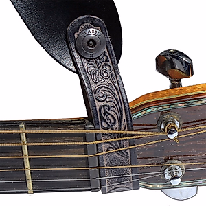 Walker & Williams AT-2 Black Carving Leather Acoustic Guitar Strap Button Headstock Adaptor For Acoustic, Electric, And Bass Guitars