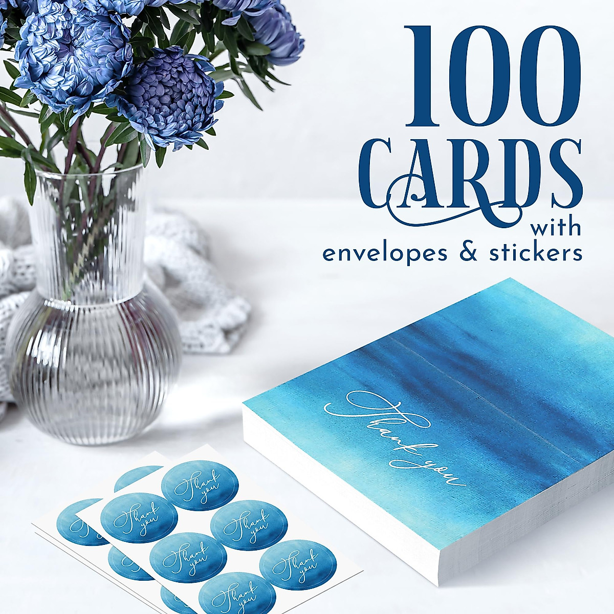 100 Thank You Cards with Envelopes - Elegant Blue Design, Perfect for Graduation Thank You Cards 2024, Weddings, Baby Showers, Parties, and Small Business - Includes 120 Stickers for Easy Sealing