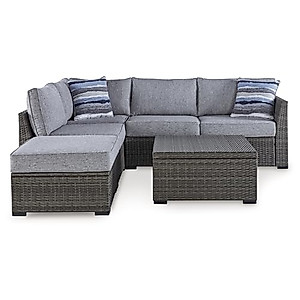 Signature Design by Ashley Petal Road Casual Weather Resistant Cushioned Outdoor Loveseat Sectional/Ottoman/Table Set with 2 Throw Pillows, Set of 4, Gray