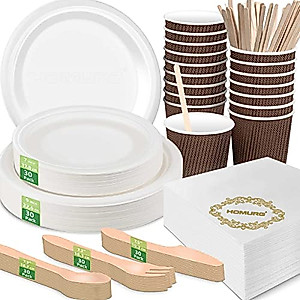 HOMURG Party Paper Plates and Napkins & Cups & Cutlery Set, 240 PCS Compostable Dessert & Dinner Plate + Napkin + Cup + Flatware, Disposable Christmas Birthday Plates and Napkins for 30 Guests