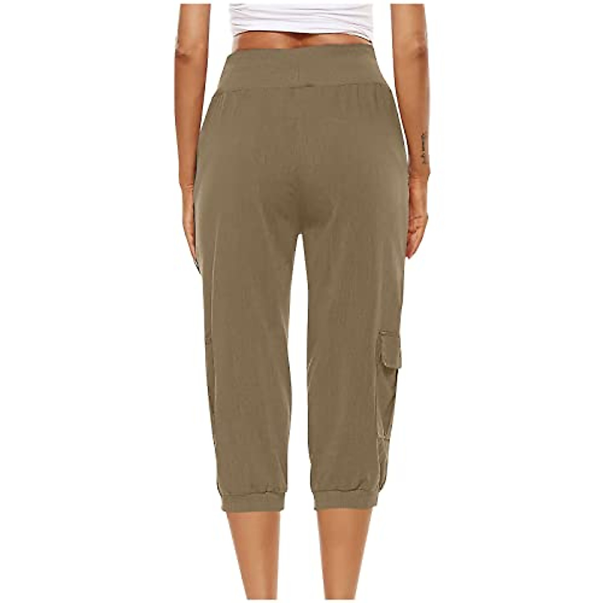 Online Shopping for Women Capri Pants for Women Summer Casual Drawstring Lounge Linen Pants with Pockets Plus Size High Waist Straight Trousers Tracking On My Order Khaki M