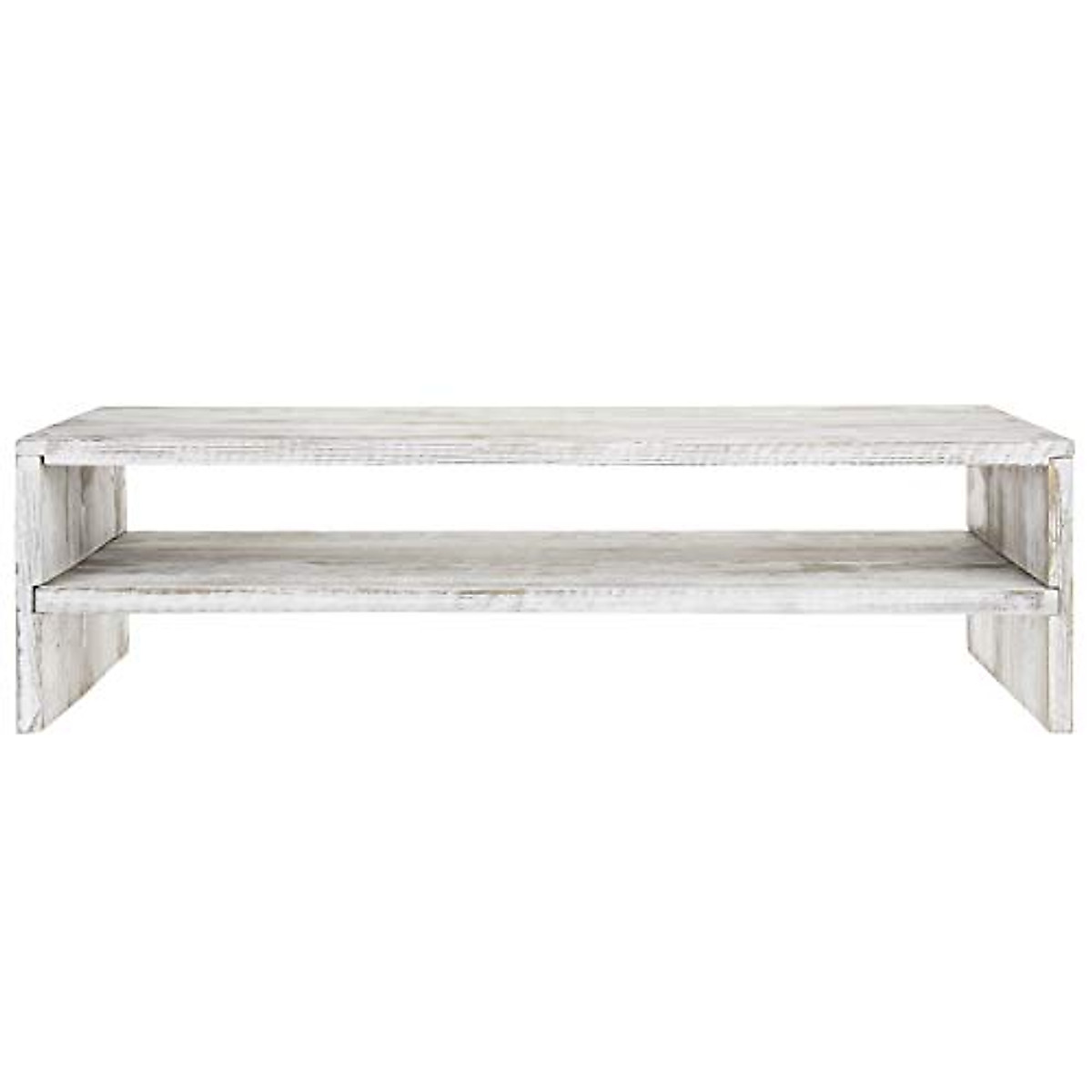 MyGift Shabby Whitewashed Wood Computer Monitor and Laptop Riser Stand for Desk, 2 Tier Office Desktop Storage Shelf