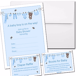Set of 25 Baby Shower Invitations for Boy with Envelopes, Diaper Raffle Tickets and Baby Shower Book Request Cards
