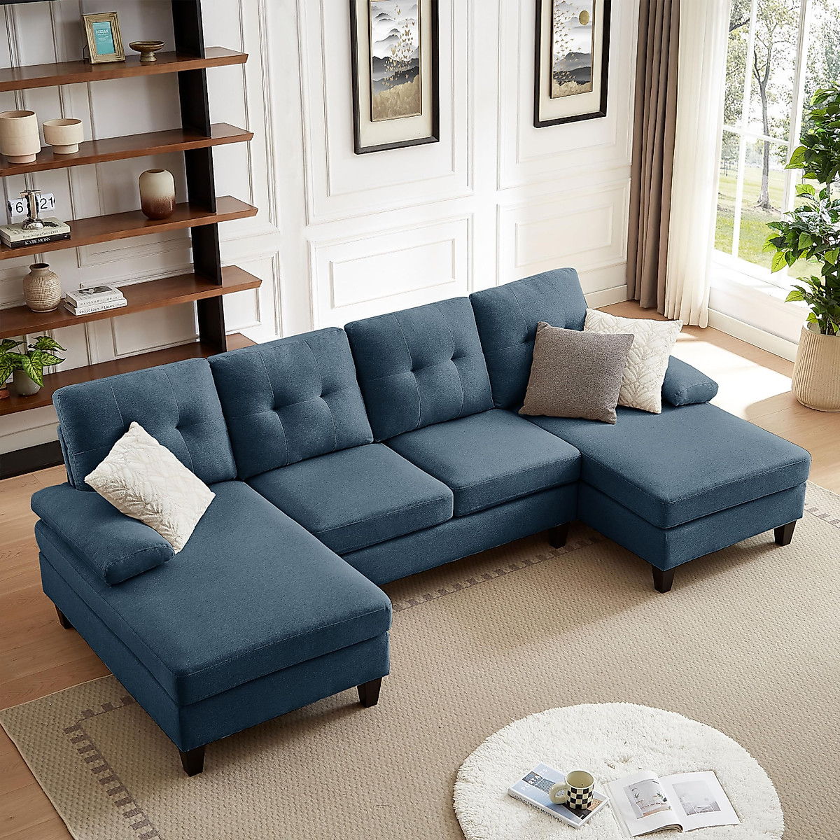 Pingliang Home Sectional Sofa Couch for Living Room, Convertible U Shape Sofas 4 Seat Modular Couches with Double Chaise and Portable Armrest, Modern Polyester Fiber, 111" (Blue)