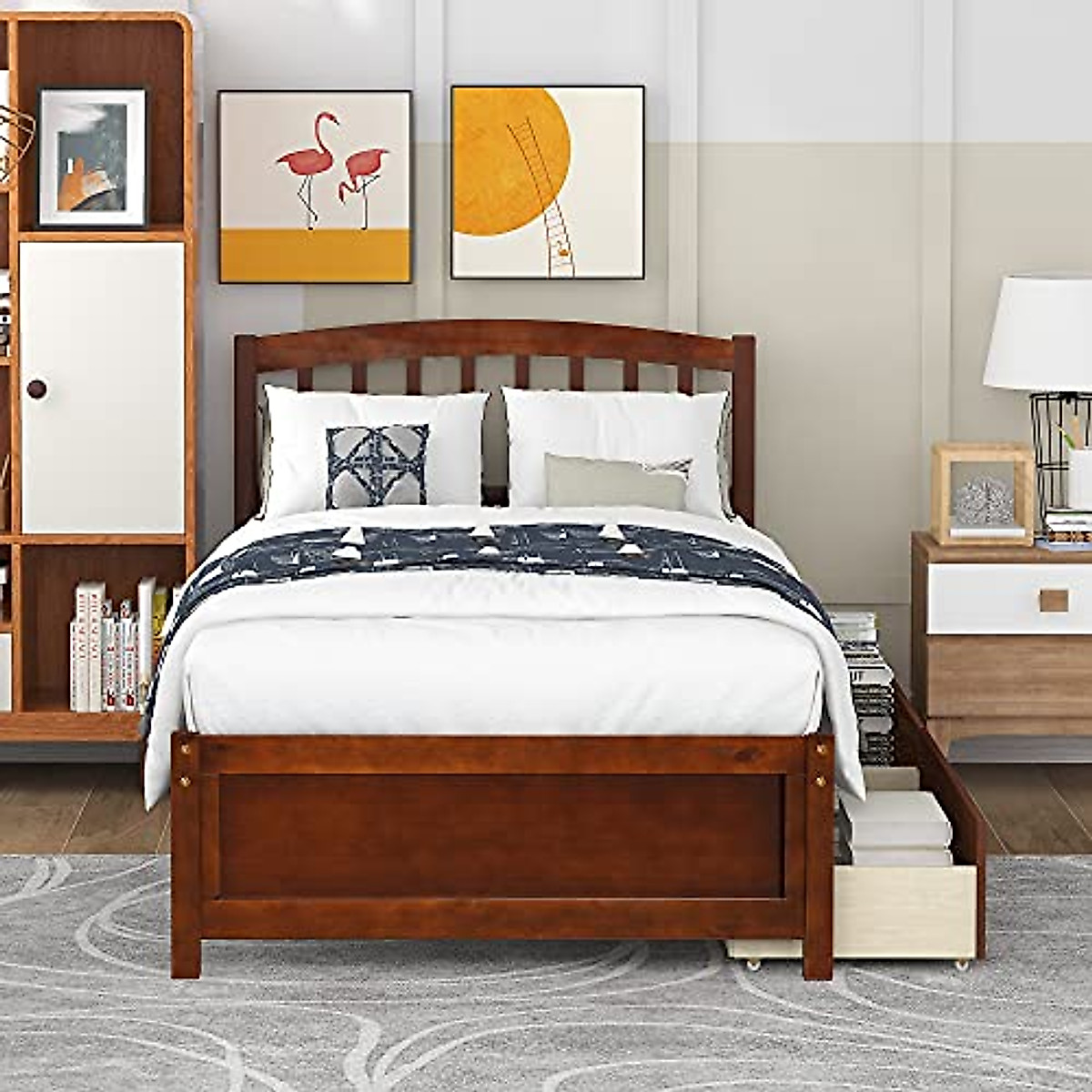 Harper & Bright Designs Twin Bed Frame, Wood Platform Bed with Storage Drawers and Headboard (Walnut)