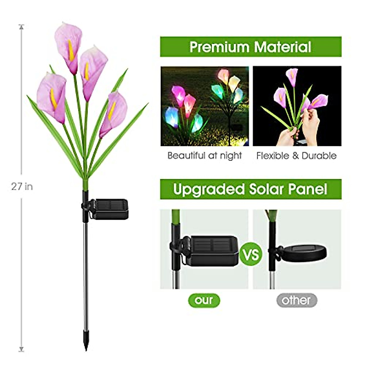 KOOPER Solar Lights Outdoor Decorative, 4 Pack Solar Garden Lights with 16 Calla Flowers 7 Color Changing LED Soalr Powered Outdoor Lights, Waterproof Solar Lights for Garden Patio Yard Decoration