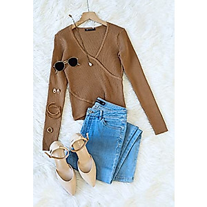 PRETTYGARDEN Women's Long Sleeve Cropped Sweaters Cross V Neck Pullover Ribbed Knit Slim Fitted Asymmetrical Tops Khaki