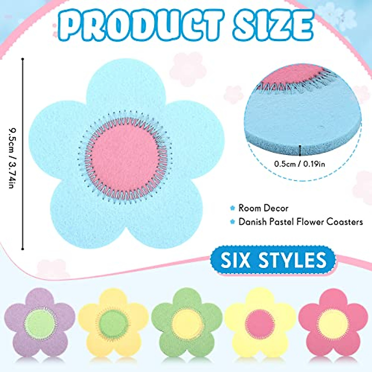 6 Pieces Danish Pastel Flower Coasters Aesthetic Cute Preppy Coasters Danish Pastel Room Decor Drinks Coffee Table Gift for Home, Green Pink Purple Orange Blue and Yellow, 3.7 Inches