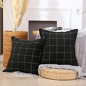 CARRIE HOME Black and White Plaid Boho Throw Pillow Covers 18x18 Set of 2, Modern Farmhouse Buffalo Checkered Decorative Linen Pillow Cover, Black Boho Living Room Decor for Couch and Bed