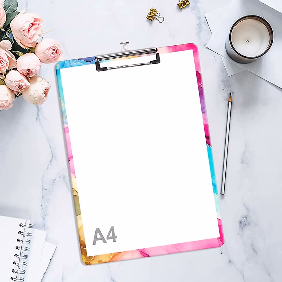 Office Clipboard, Cute Clipboard with Designs A4 Standard Letter Size Wooden Hardboard Clipboards Retractable Hole for Hanging Decorative Clip Board (C-Pretty Marble-8)