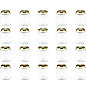 Encheng 10 oz Hexagon Jars,Clear Glass Jars With Lids(Golden),Mason Jars For Honey,Foods,Jams,Liquid,Herb Jars Spice Jars Canning Jars For Storage 20 Pack