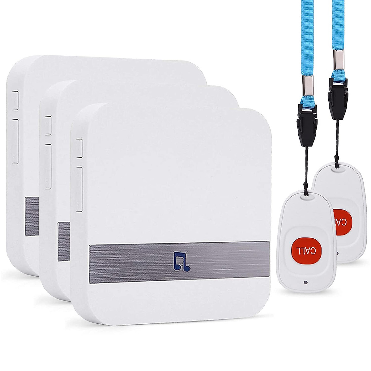 Caregiver Pager Wireless Life Alert Systems for Seniors IP55 Waterproof, Fall Alert Devices for Elderly, Panic Buttons with Necklace (2 call buttons + 3 receivers)