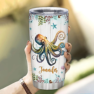 Hyturtle Personalized Gifts For Octopus Lover - Just A Girl Who Loves Octopuses Custom Name Stainless Steel Tumbler 20oz With Lid - Idea Ocean Animal Lover Gifts For Women Girl On Birthday, Christmas