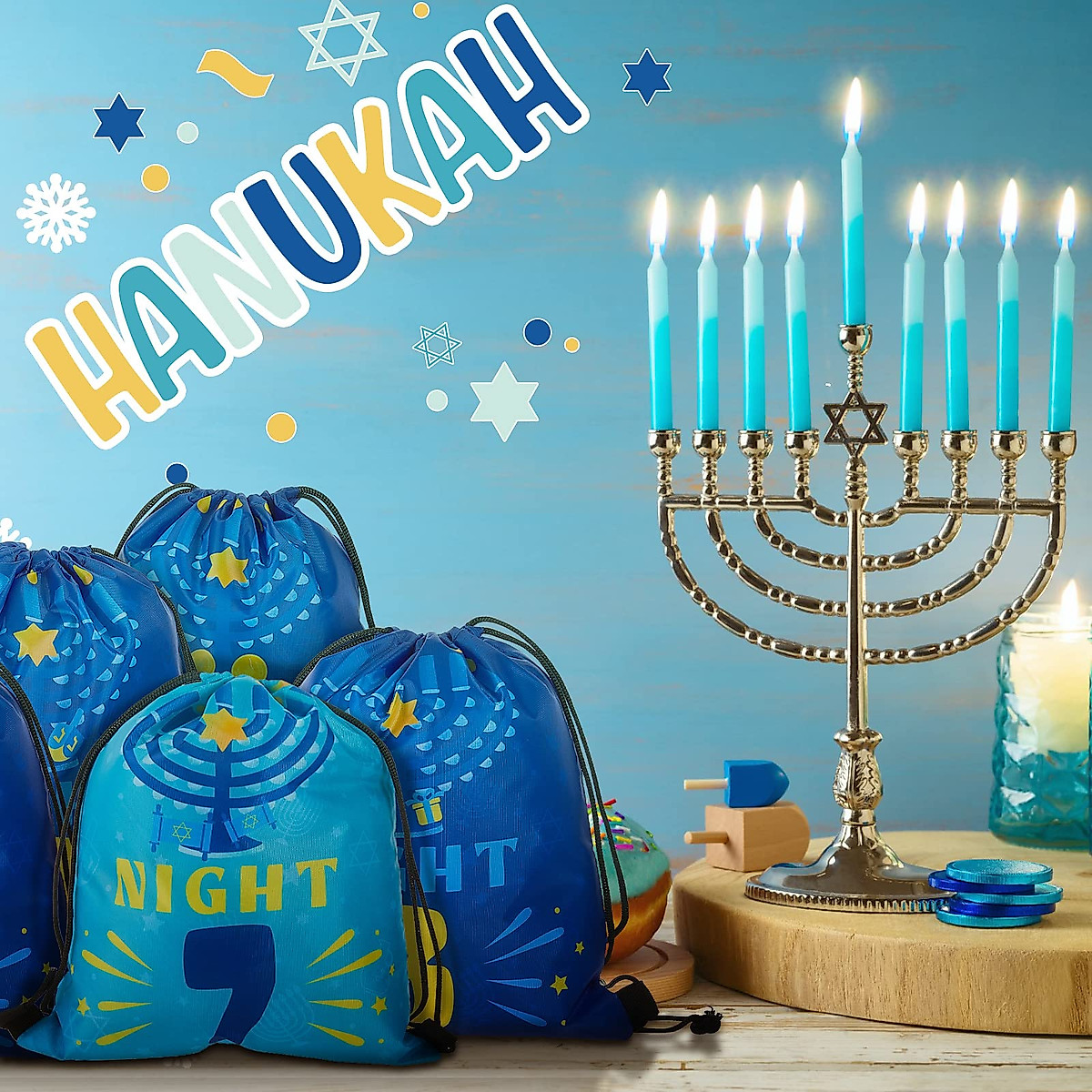 24 Pcs 8 Nights of Hanukkah Gift Bags Drawstring Countdown Calendar Goodies Bag Hanukkah Bag Dreidel Menorah Treat Bags for Kids Jewish Chanukah Wedding Bridal Shower Birthday Decorations