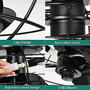 YITAHOME Low Profile Caged Ceiling Fans with Lights Remote Control, 15’’ Small Flush Mount Industrial Fan, Farmhouse Ceiling Fan with 3 Led Bulbs for Living Room, Bedroom, Kitchen, Dining Room, Black