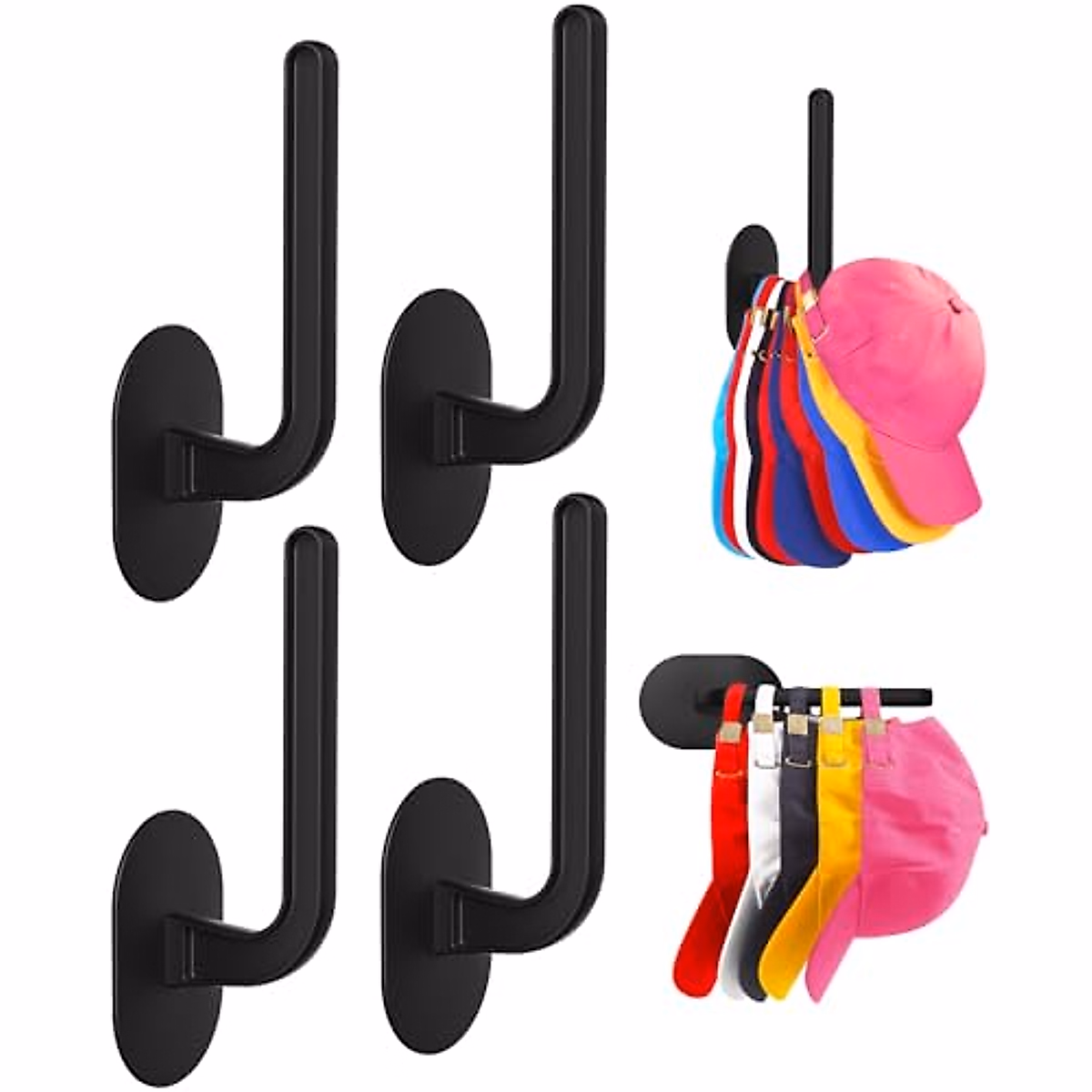 Eiito Hat Hooks for Caps Storage-4Pack,Multi-Purpose Hat Organizer,Strong Adhesive Hat Racks for Wall, Two Mounting Options RV Organization and Storage Cap Hanger(Black)