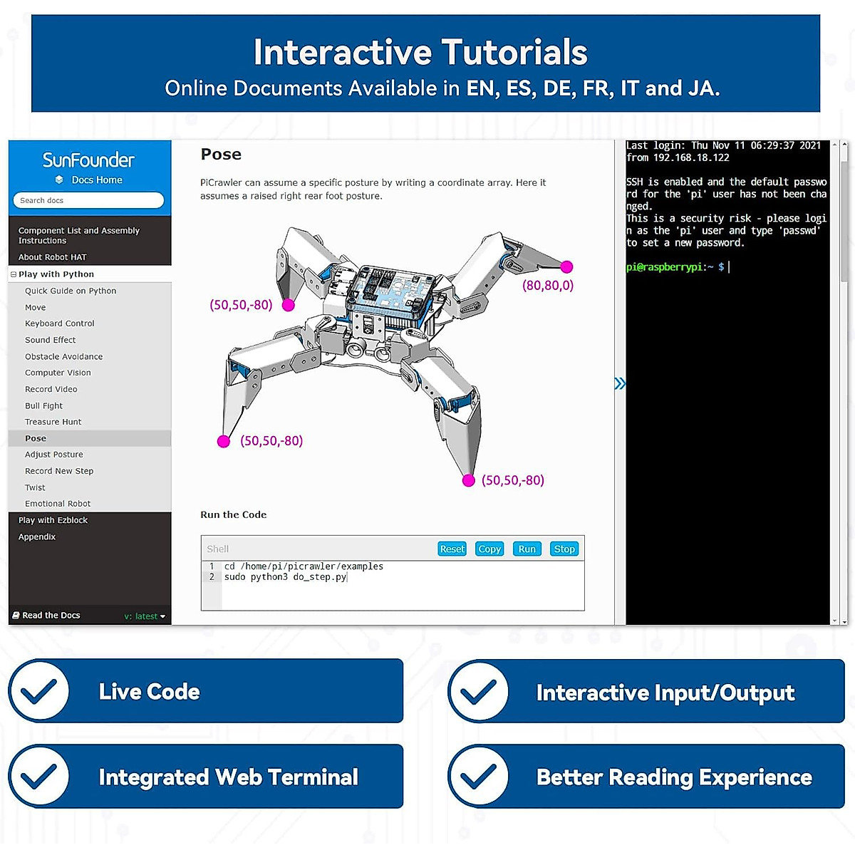 SunFounder PiCrawler AI Robot kit for Raspberry Pi, Robot HAT, Camera Module, Multi-Function DIY Bionic Robots for Students and Adults, Batteries Included (Raspberry Pi NOT Included)