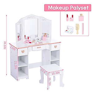 EGFheal Kids Vanity Set with Mirror and Drawer - Girls' Vanity Table and Chair Set with Wood Makeup Playset, Perfect for 3-9 Yr, White