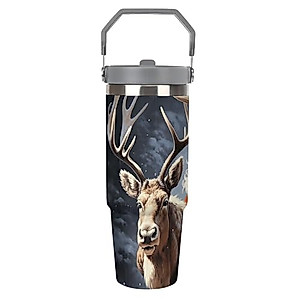 BWQJKUO Large Capacity Car Cup 30 Oz Stainless Steel Santa Claus And Deer Elk Printed Travel Mug Leak-proof Flip Straw Tumbler with Handle,keeps Cold Or Ho