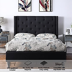 Full Upholstered Platform Bed Frame with 51" Tall Headboard - Button Tufted Cloth Bed - Wood Slat Support with Storage Space - No Box Spring Needed - Easy Assembly - Black - Oliver & Smith - Astor